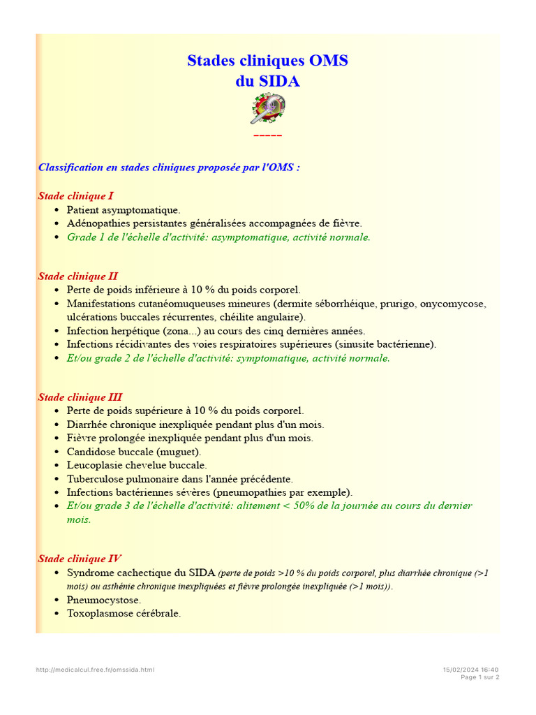 Classification OMS des stades du VIH | PDF | SIDA | Candidose