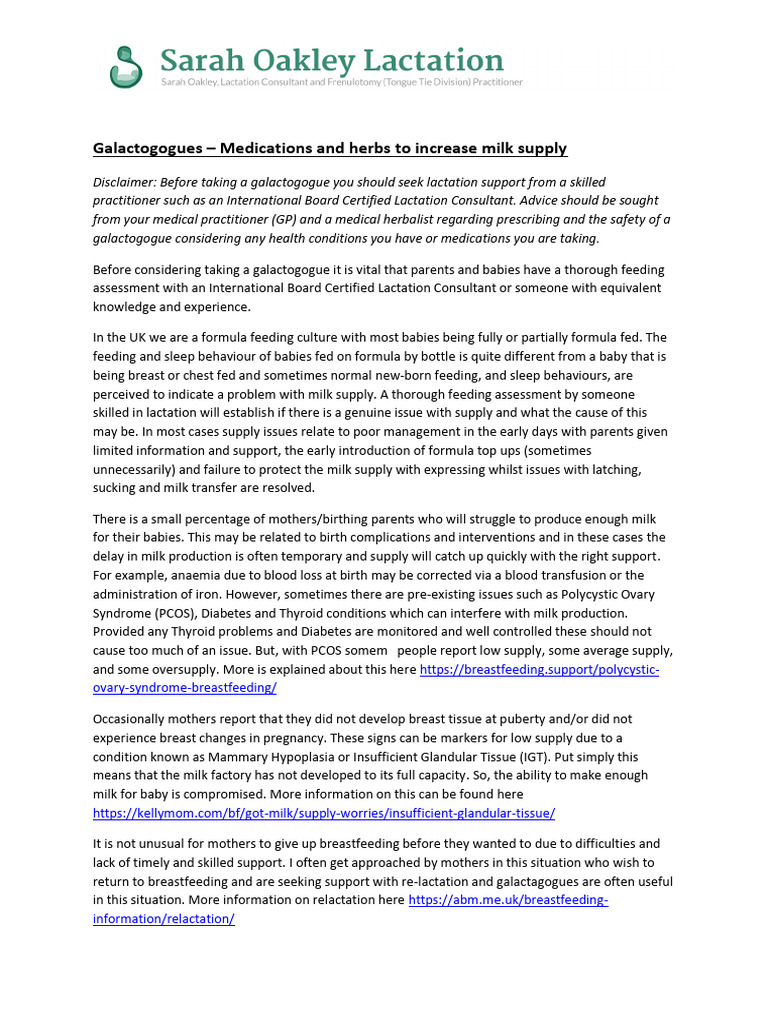Galactagogues Info Sheet | PDF | Breast Milk | Breastfeeding