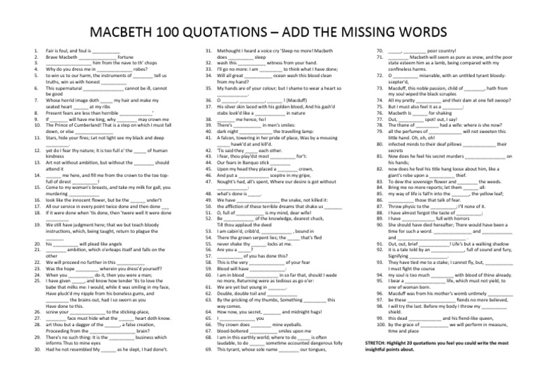 Macbeth Top 100 Quotations Missing Words | Download Free PDF | Macbeth