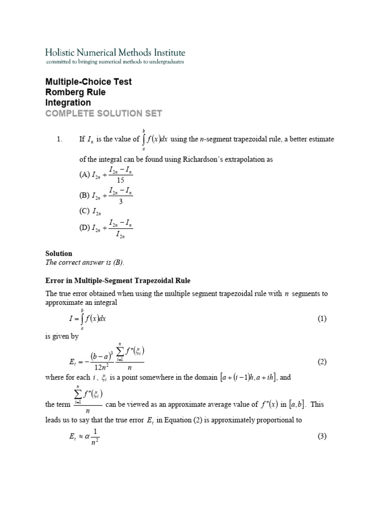 Romberg Integration and Trapezoidal Rule Solutions | PDF | Mathematical Objects | Equations