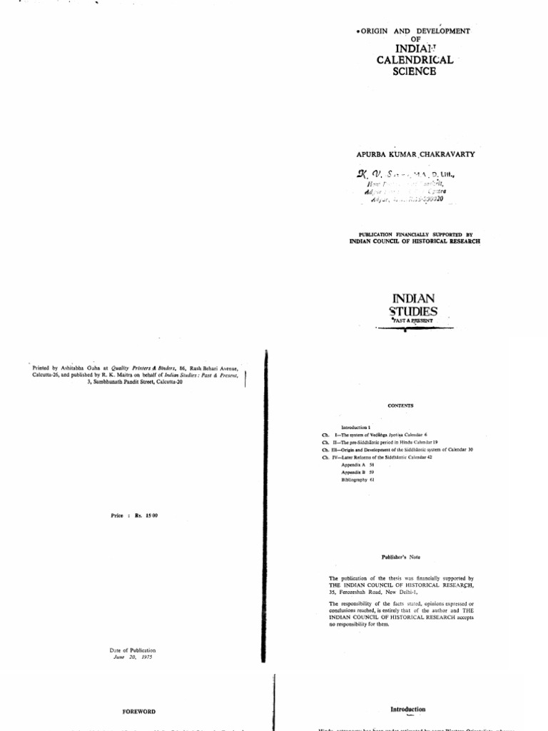 Chakravarty - Origin and Development of Indian Calendrical Science (1975) | PDF