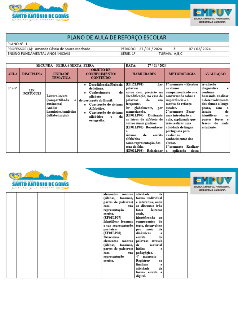 Plano de Aula Reforço Escolar 1º Ano | PDF | Escrita | Fonema