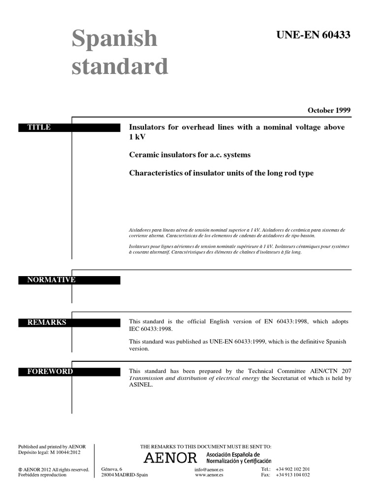 Spanish Standard: UNE-EN 60433 | PDF | Insulator (Electricity ...