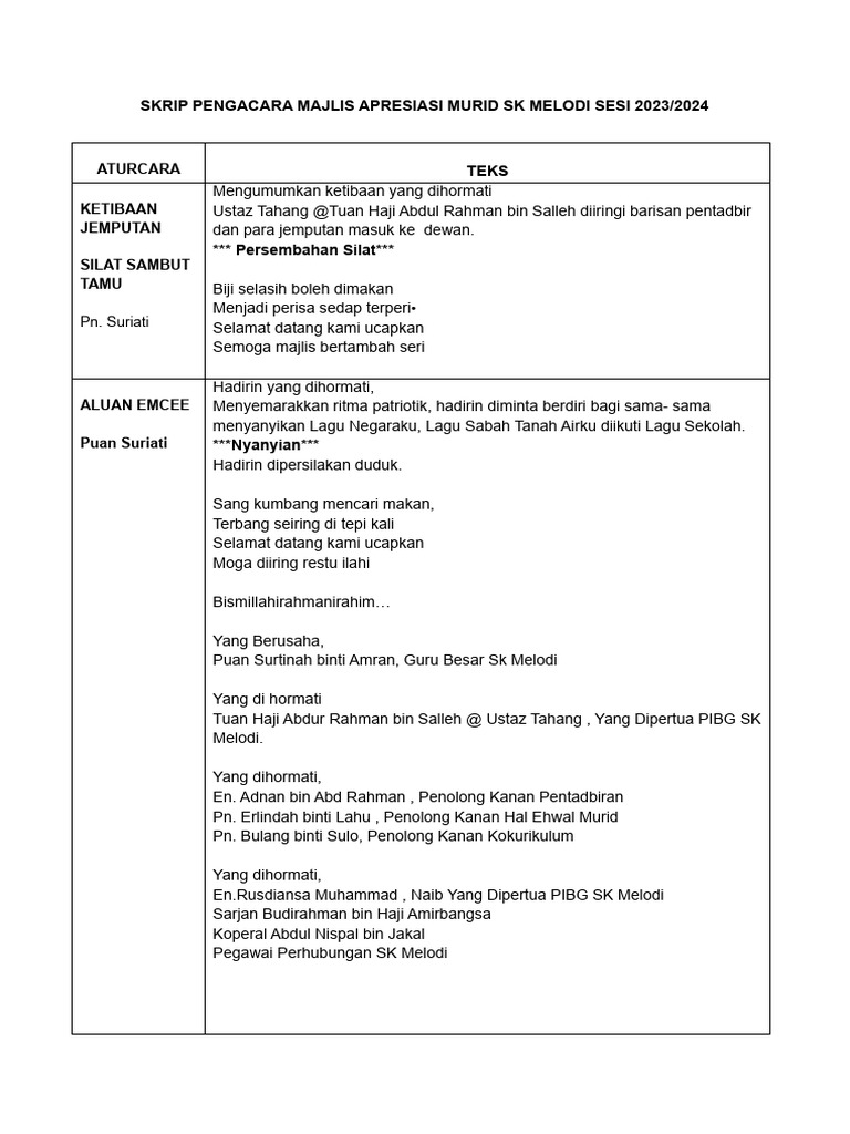 Skrip Pengacara Majlis Apresiasi Murid SK Melodi Sesi 2023 | PDF ...
