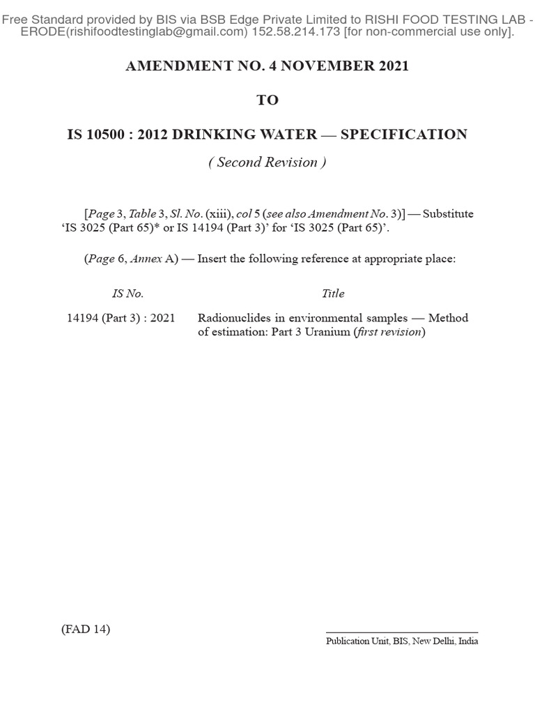 Amendment No 4 November 2021 To Is 10500 2012 Drinking Water