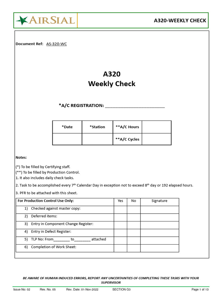 Weekly Check A320 (Issue 02 Rev 05) | PDF | Manufactured Goods | Aviation