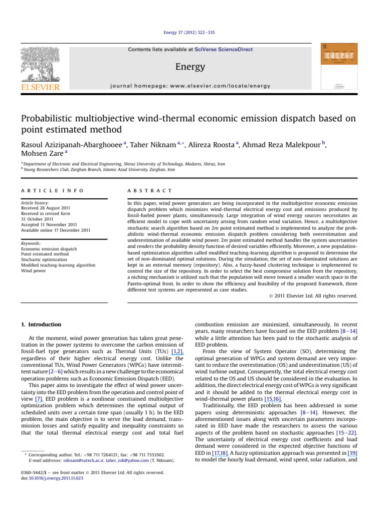 Probabilistic Multiobjective Wind-Thermal Economic Emission Dispatch ...