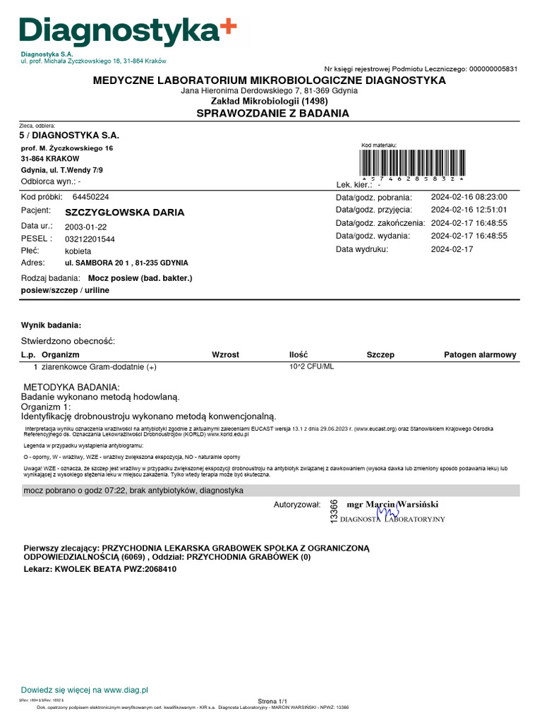 Medyczne Laboratorium Mikrobiologiczne Diagnostyka Sprawozdanie Z Badania | PDF