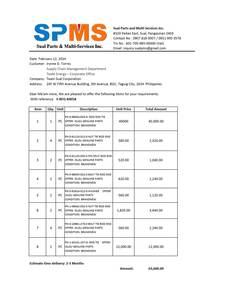 Isuzu Genuine Parts Quotation 2024 | PDF | Finance & Money Management ...