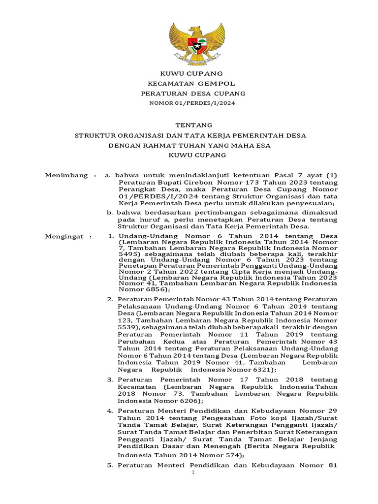 Peraturan Desa Cupang (Sotk) - 01 | PDF