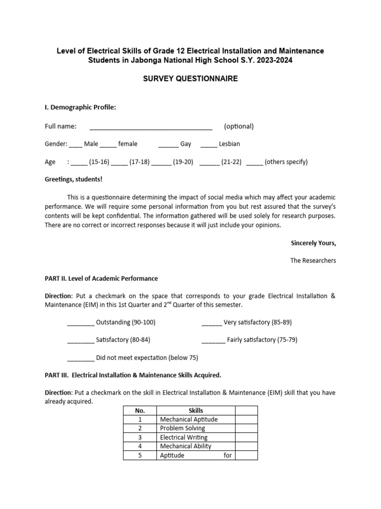 Survey Quesitonnaire | PDF | Learning | Cognition