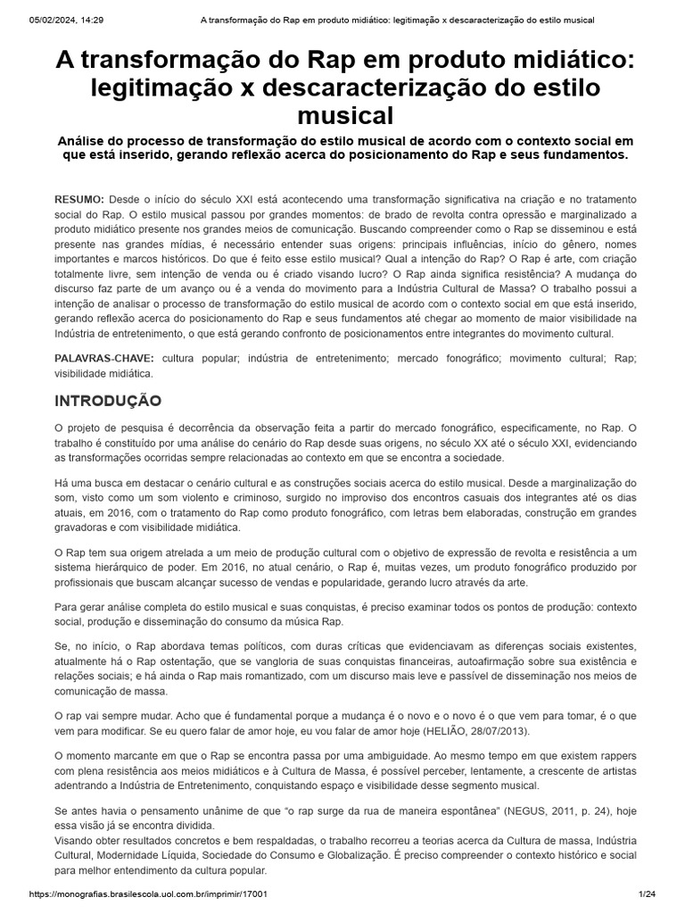 A Transformação Do Rap em Produto Midiático - Legitimação X ...