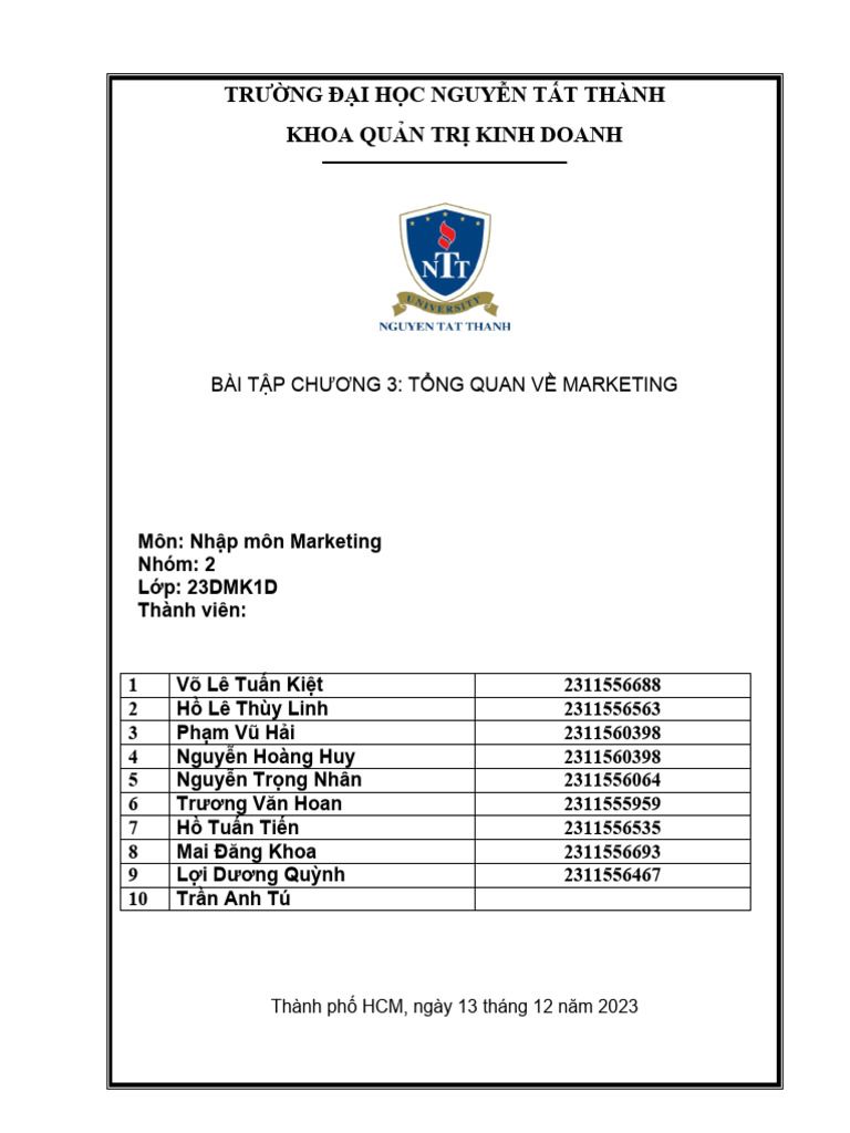NHÓM 6 BÀI TẬP CHƯƠNG 3 TỔNG QUAN VỀ MKT | PDF