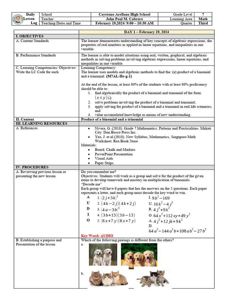 Algebraic Expressions and Products Lesson | PDF | Mathematics | Equations