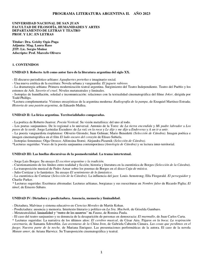 PROGRAMA DE EXAMEN. LIT. ARG II. 2023. Dra. Grisby OgÃ¡s Puga. | PDF | Buenos Aires
