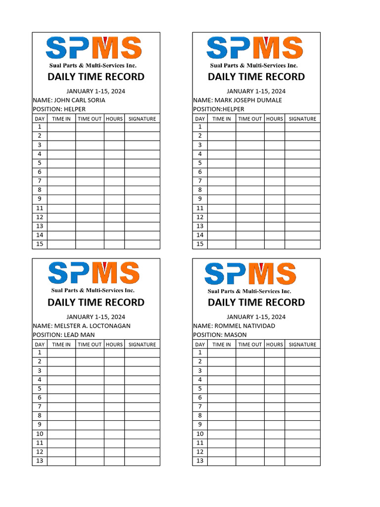 Daily Time Record: Jan 1-15, 2024 | PDF