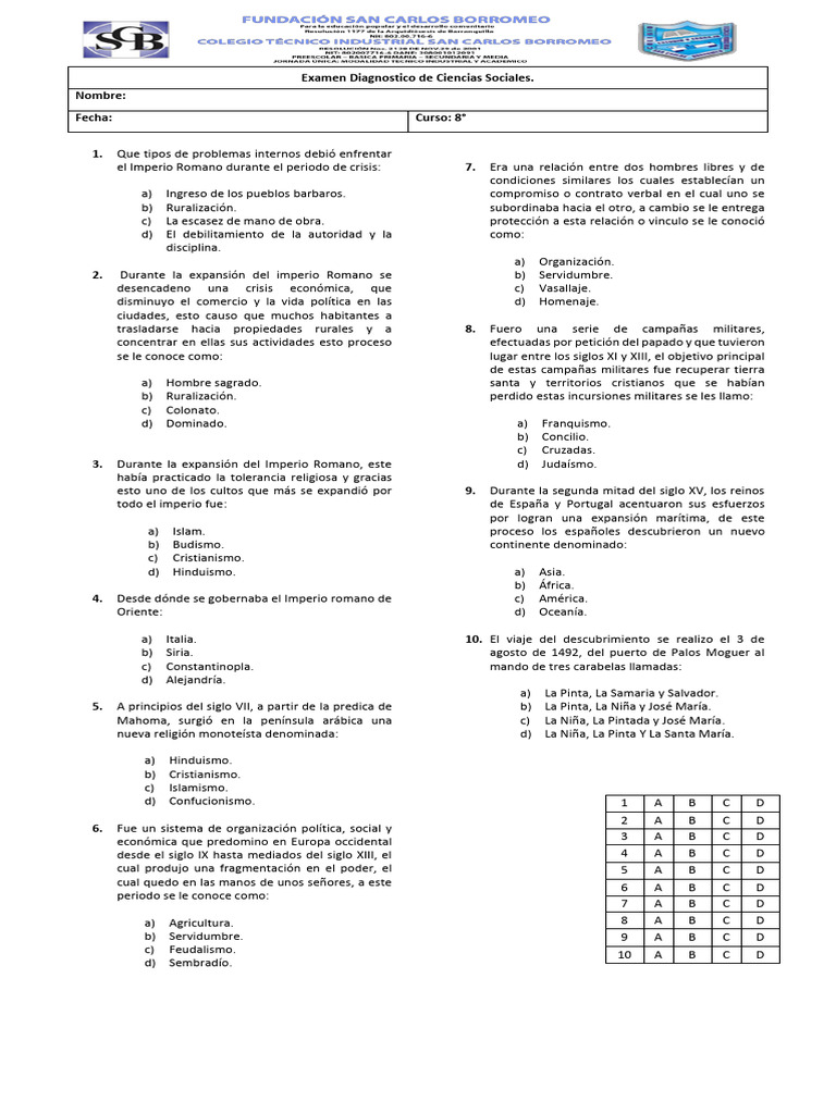 Examen Diagnostico para El Grado 8° Ciencias Sociales | PDF