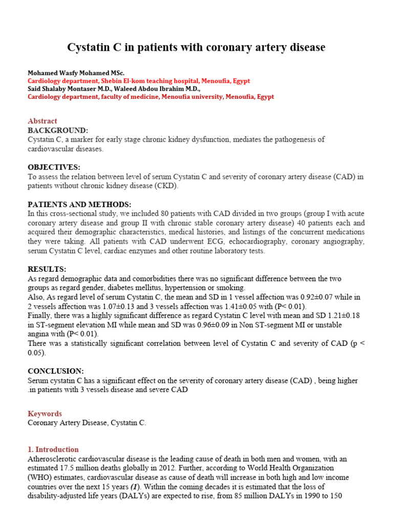 Cystatin C and Coronary Artery Disease | PDF | Coronary Artery Disease ...