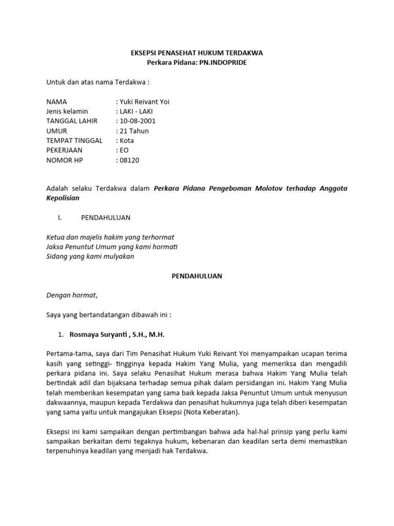 Eksepsi Yuki Reivant Yoi | PDF | Ilmu Sosial | Hukum