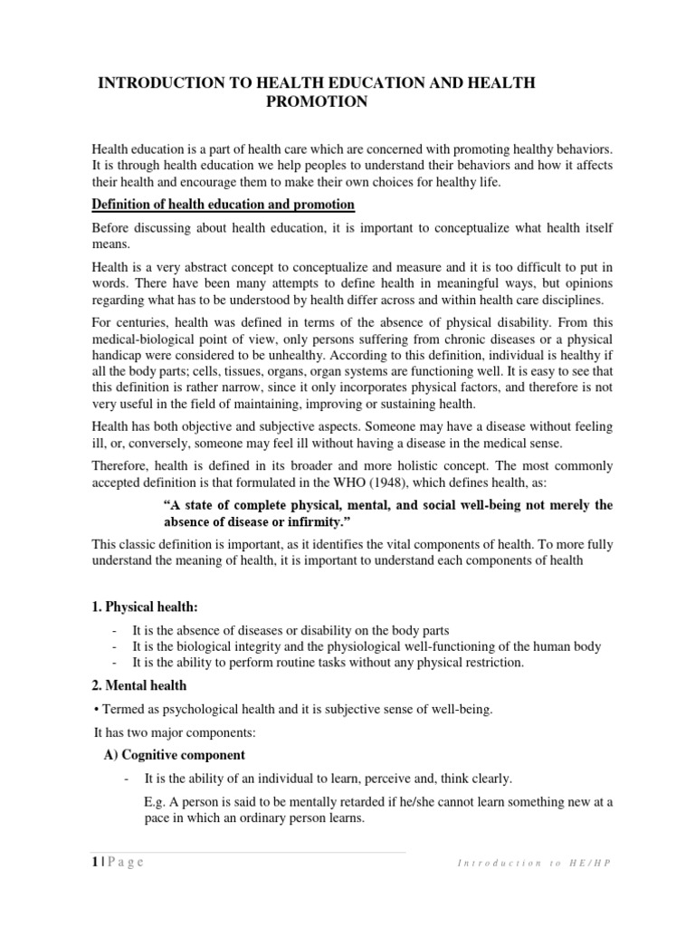 Unit 1 Introduction To Health Education and Health Promotion | PDF ...