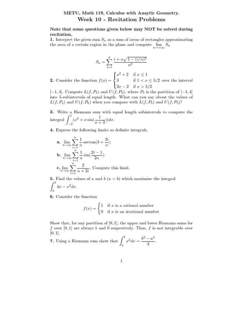 MATH119 2021-1 Recitation Problems - Week 10 | PDF | Integral | Mathematical Concepts