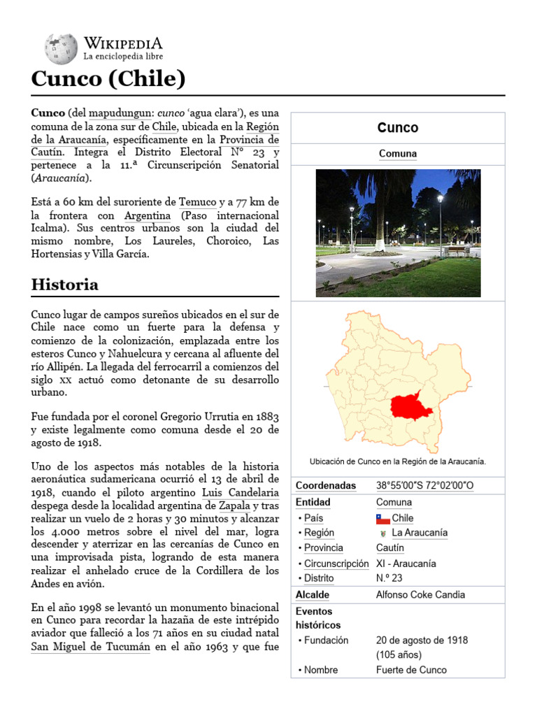 Cunco (Chile) - Wikipedia, La Enciclopedia Libre | PDF | Ciencias de la ...