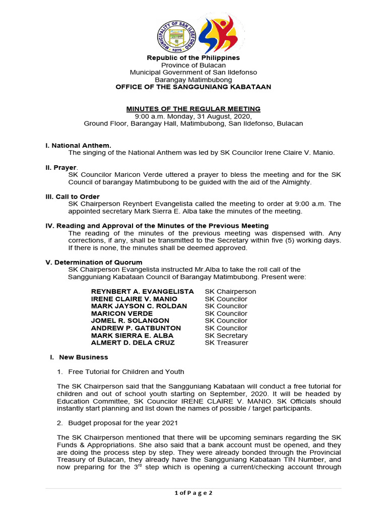Sample - Minutes of Meeting | PDF