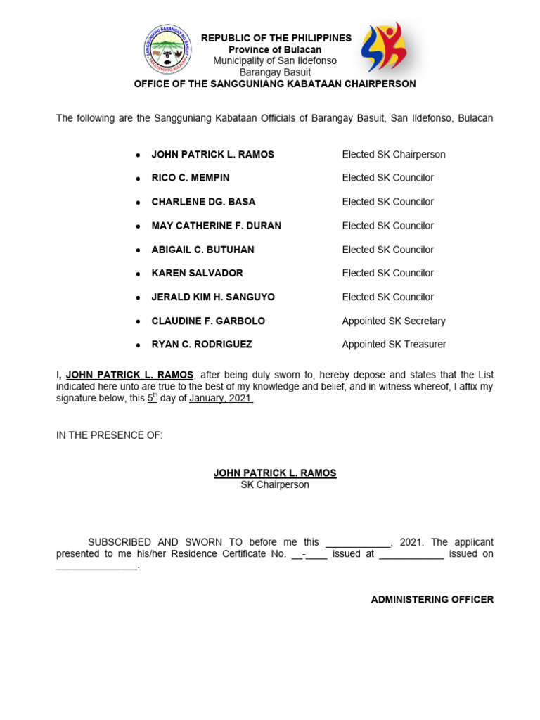 SK Officials of Barangay Basuit | PDF