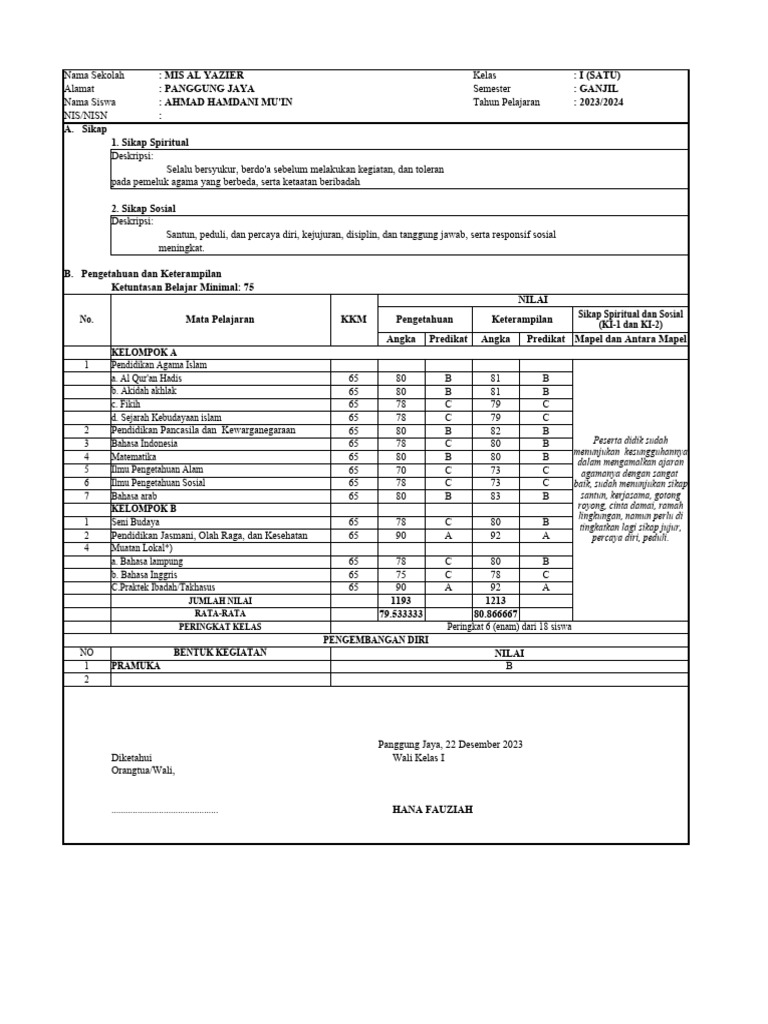 RAPORT MI Kelas 1 Dan 2 2023 | PDF