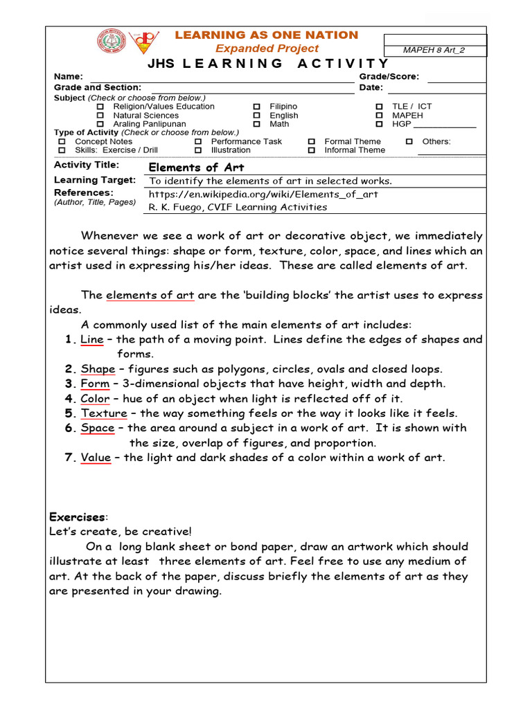 MAPEH 8 Art - LAS 2 Elements of Art | Download Free PDF | Shape | Drawing