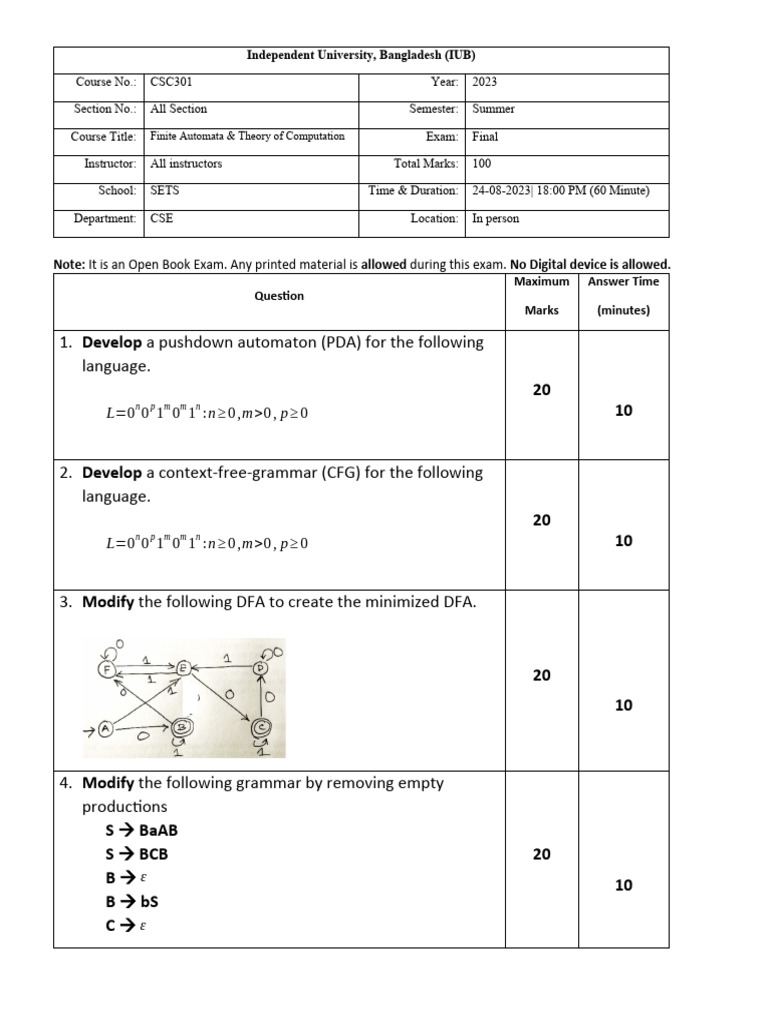 CSC301 - 2023 - Sum - Final Qustion | PDF | Automata Theory | Theory Of ...