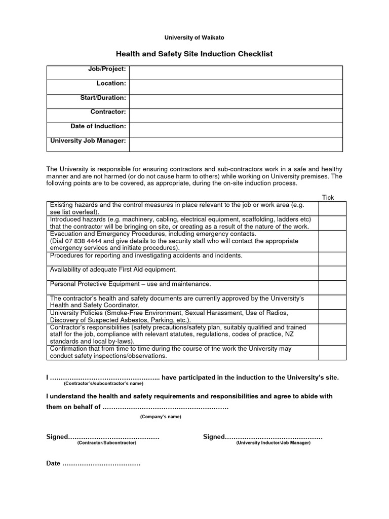 Contractor Site Induction Form | PDF | Occupational Safety And Health ...