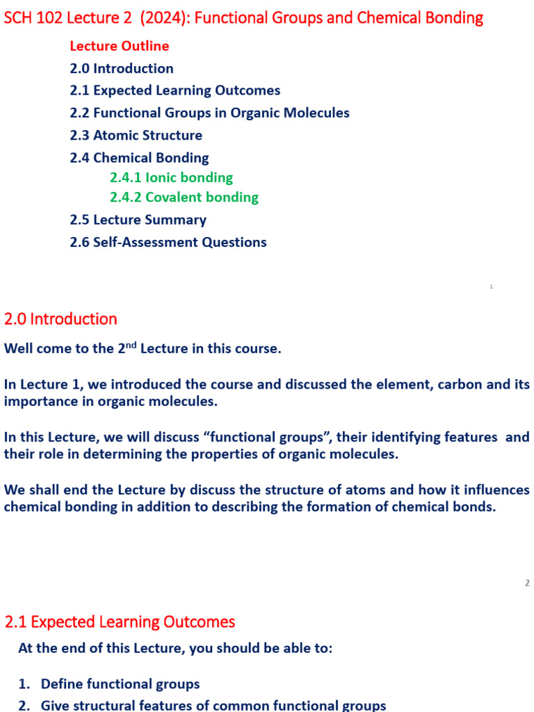 SCH 102 Lecture 2 (2024) Functional Groups, Atomic Structure and Chemical Bonding | PDF ...
