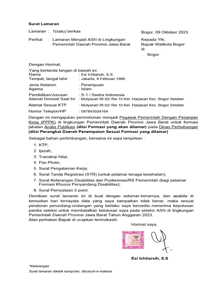 Surat Lamaran E-Materai Esi | PDF