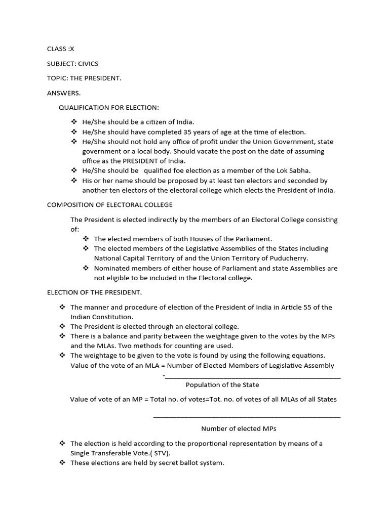 Class 10 The President Notes | PDF | Social Institutions | Government
