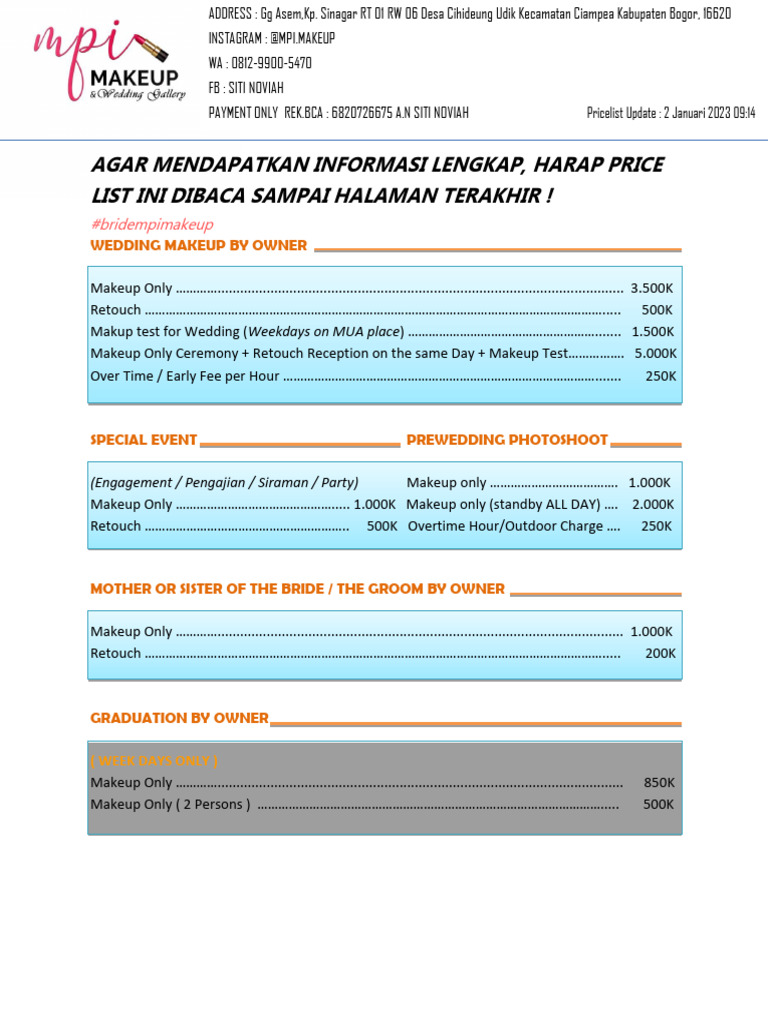 Price List Mpi Makeup 2023 | PDF