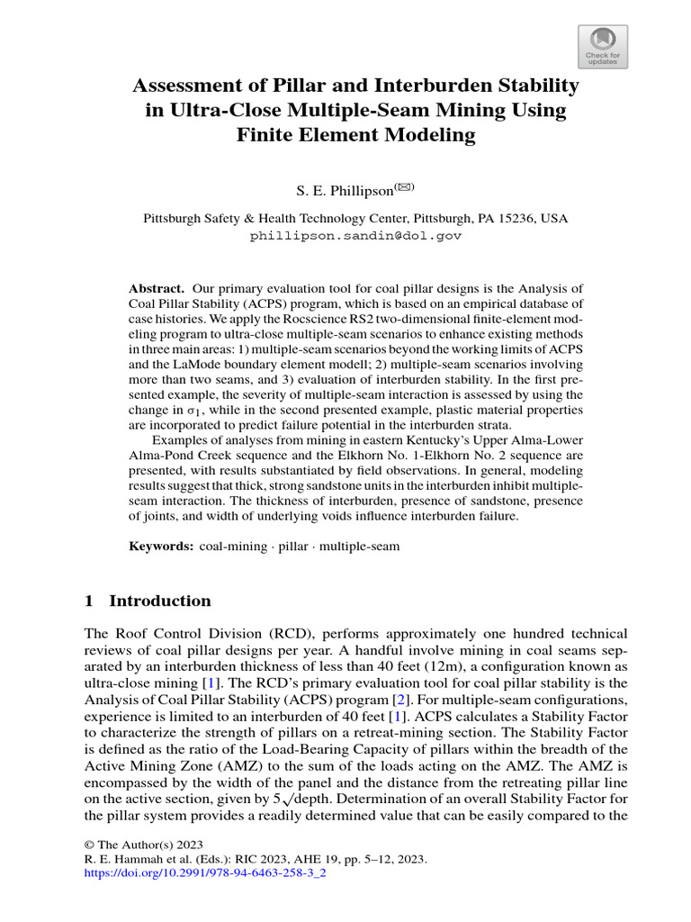 Assessment of Pillar and Interburden Stability in Ultra-Close Multiple ...