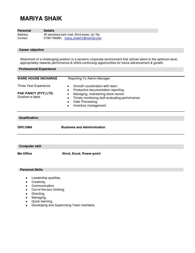 WARE HOUSE INCHARGE Resume of Mariya Shaik | PDF | Self-Improvement