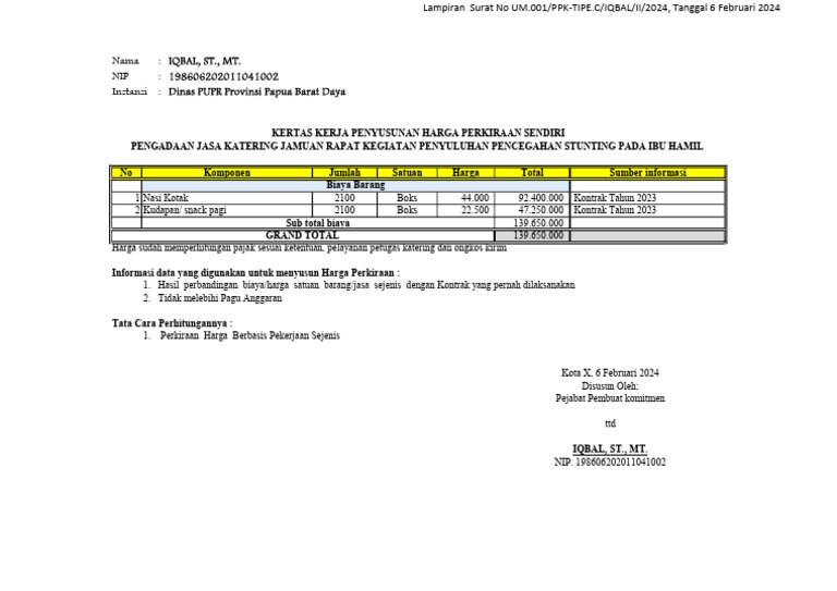IQBAL - Lampiran 05 - Form Harga Satuan Perkiraan Sendiri Jasa Katering ...