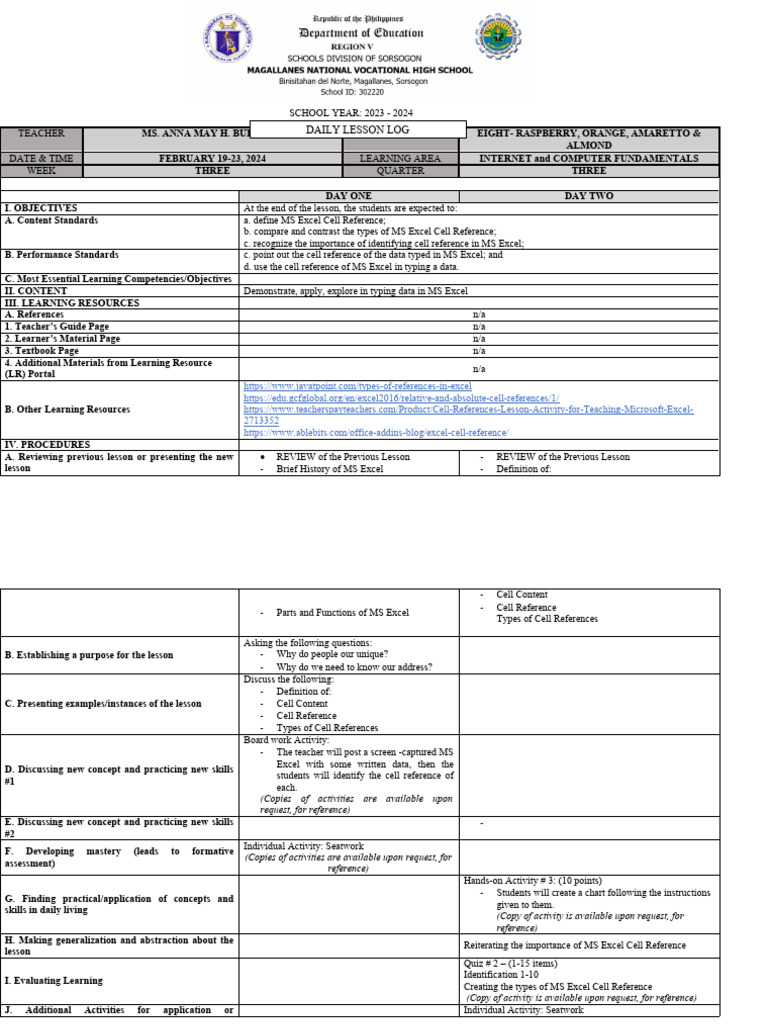 DAILY LESSON LOG IN ICF 8 and 9 - 3RD QUARTER WEEK 3 | PDF | Learning | Teachers