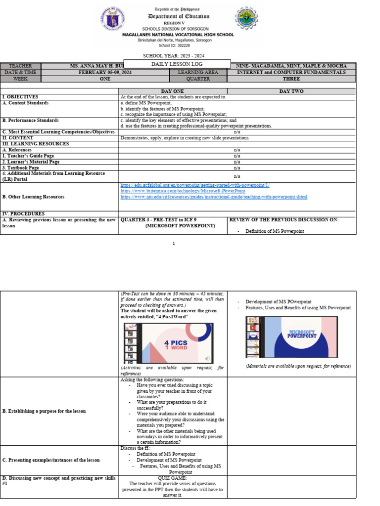 Daily Lesson Log in Icf 9 3RD Quarter Week 1 | PDF | Microsoft Power Point | Teaching