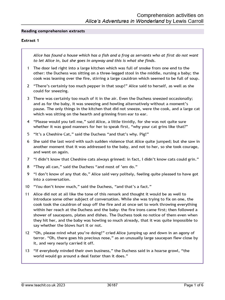 Comprehension Activities Alice in Wonderland 36187 Teachit | Download ...