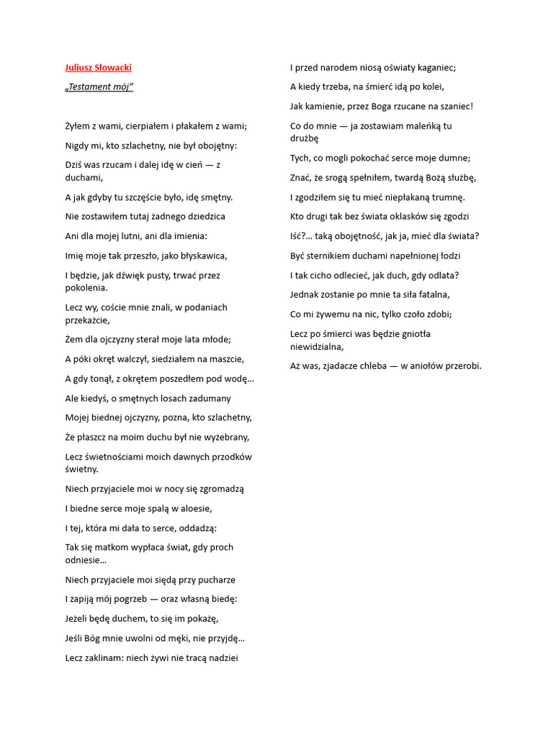 Testament Mój - Juliusz Słowacki | PDF