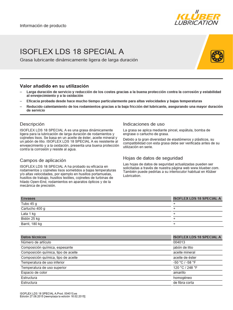 isoflex_lds_18_special_aes (1) | PDF | Rodamiento (Mecánico) | Lubricante