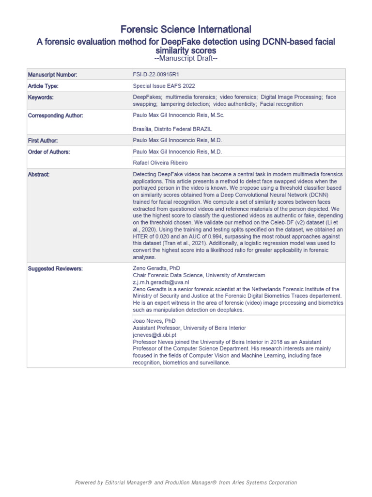 Reis E Ribeiro 2023 A Forensic Evaluation Method For Deepfake Detectio Pdf Cross