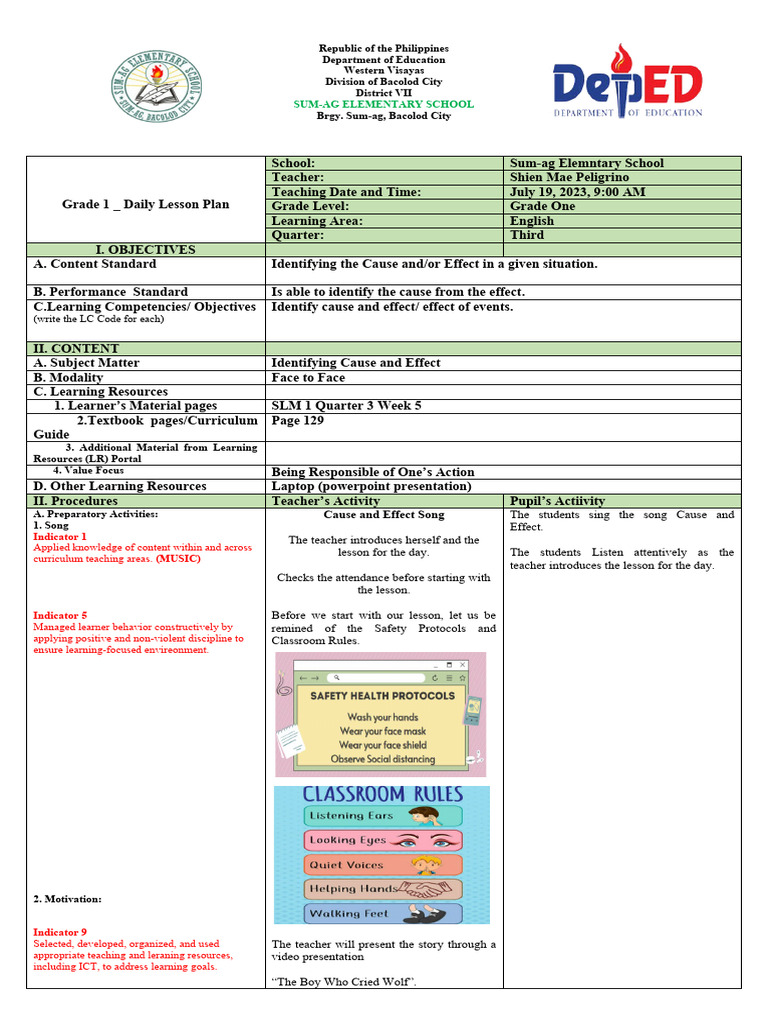 Lesson Plan For Grade 1 | PDF | Teachers | Learning