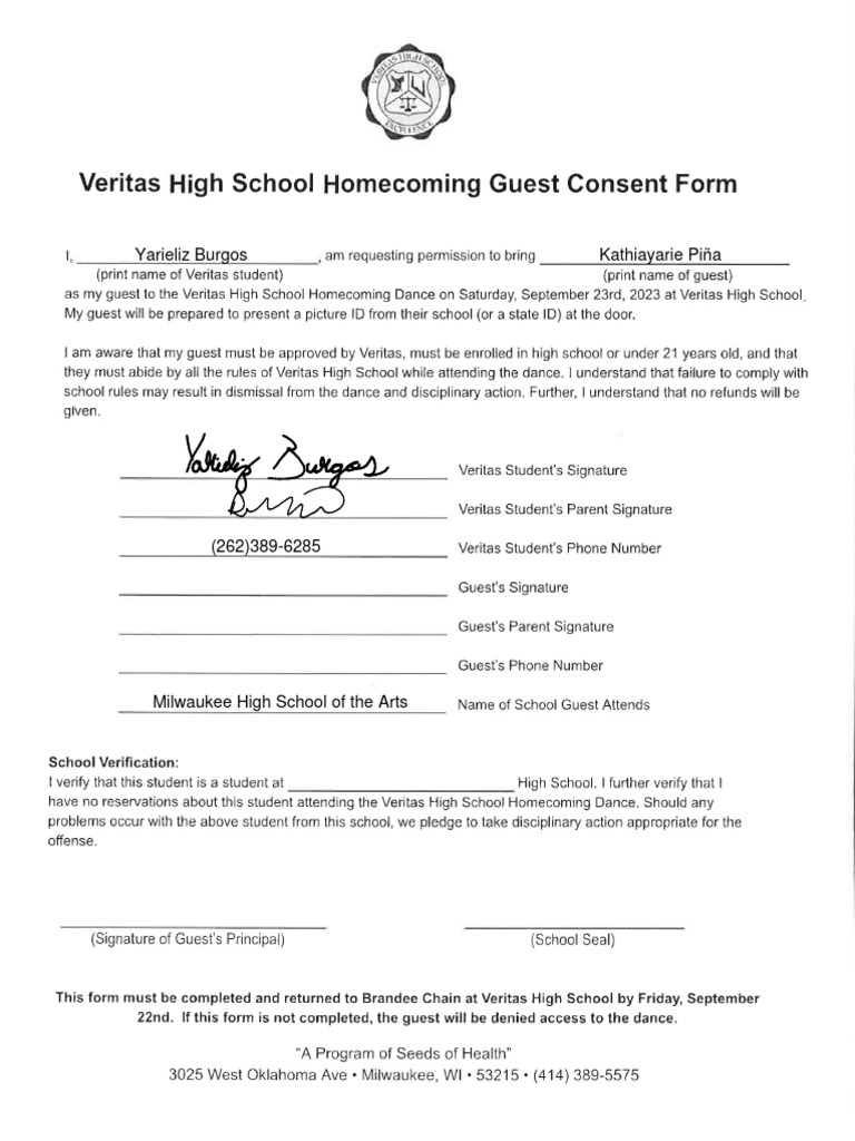 Veritas High School Homecoming Guest Consent Form | PDF