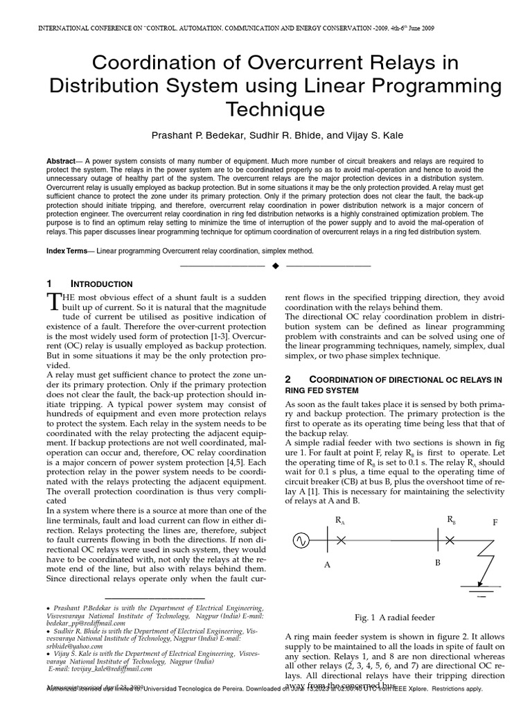 Coordination of Overcurrent Relays in Distribution System Using Linear Programming Technique ...