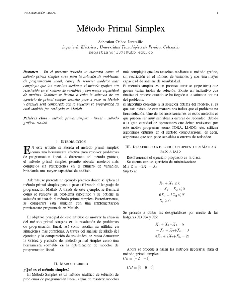 Método Primal Simplex en Matlab | PDF | Programación lineal | Matriz (Matemáticas)