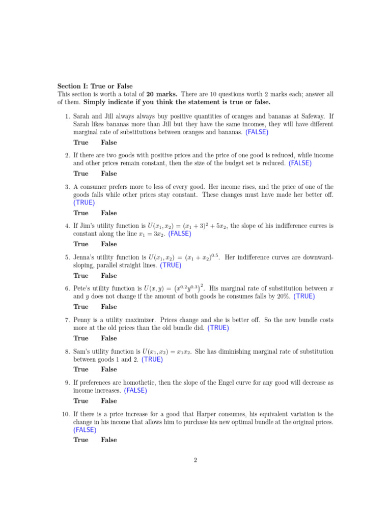 Econ Questions | PDF | Utility | Demand